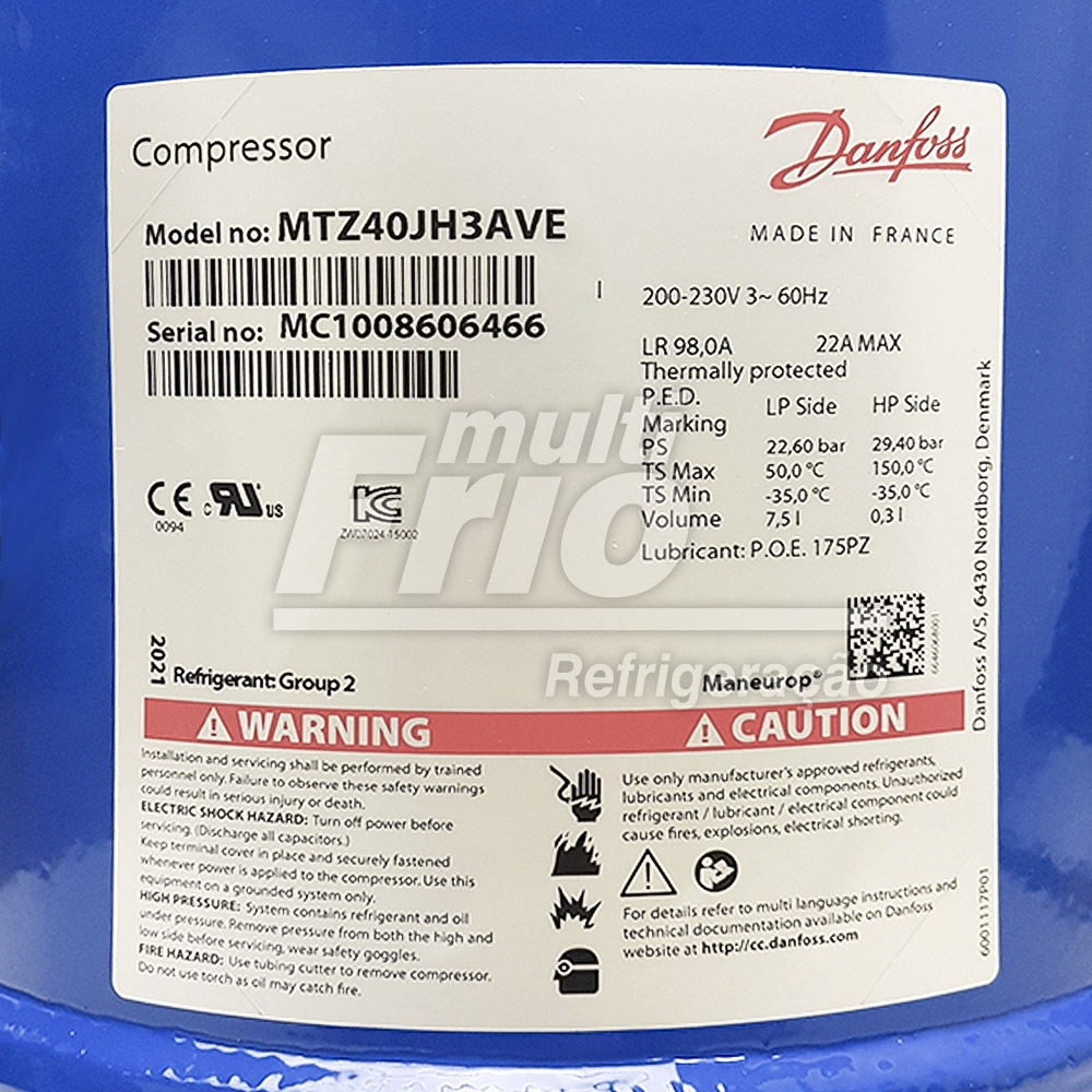 Motor Compressor 3,5 HP Danfoss Maneurop MTZ40JH3AVE (MTZ40-3VI ...